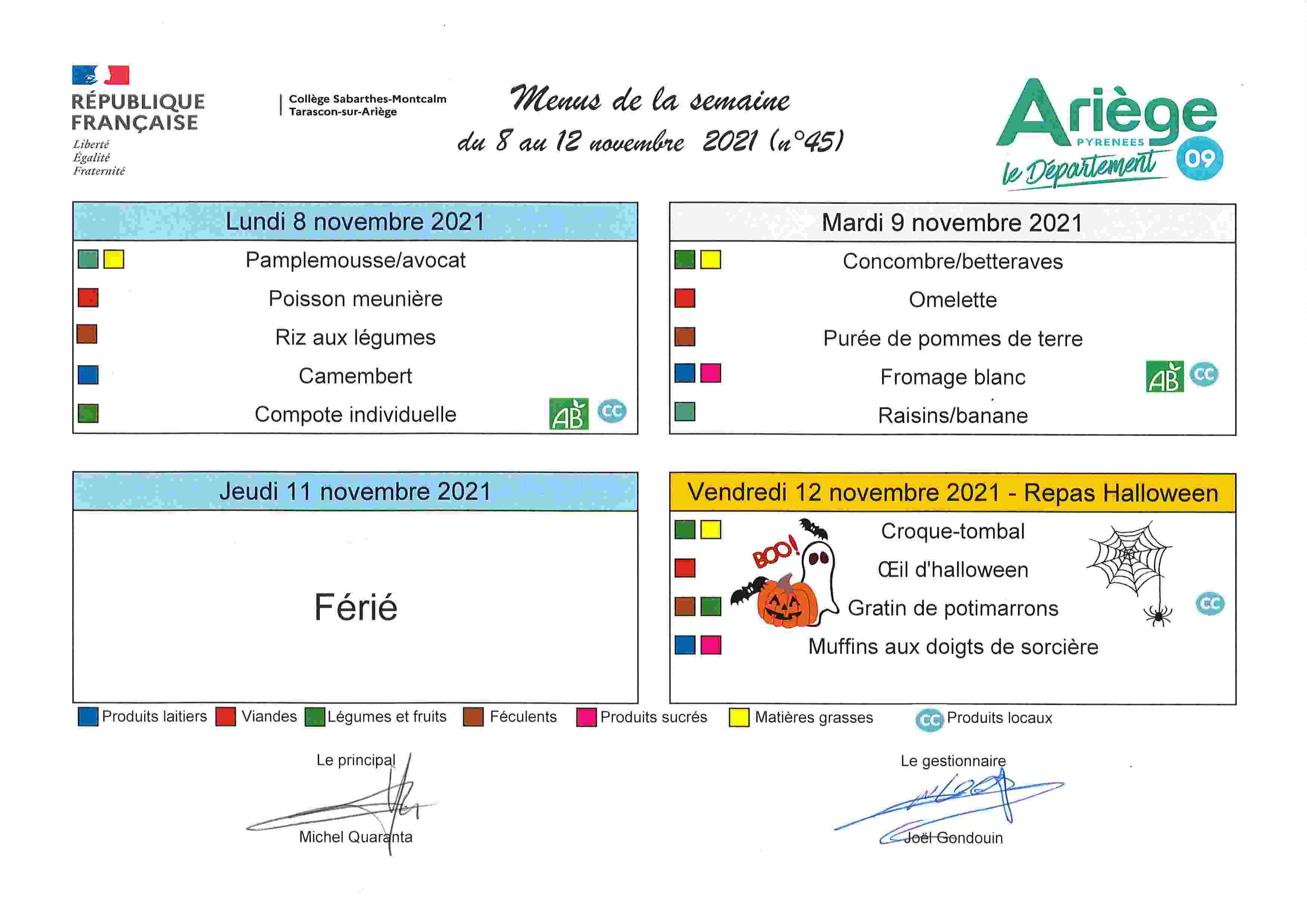 Menus du 8 au 12 novembre 2021 - Le coin de la cantine - Collège Sabarthès-Montcalm