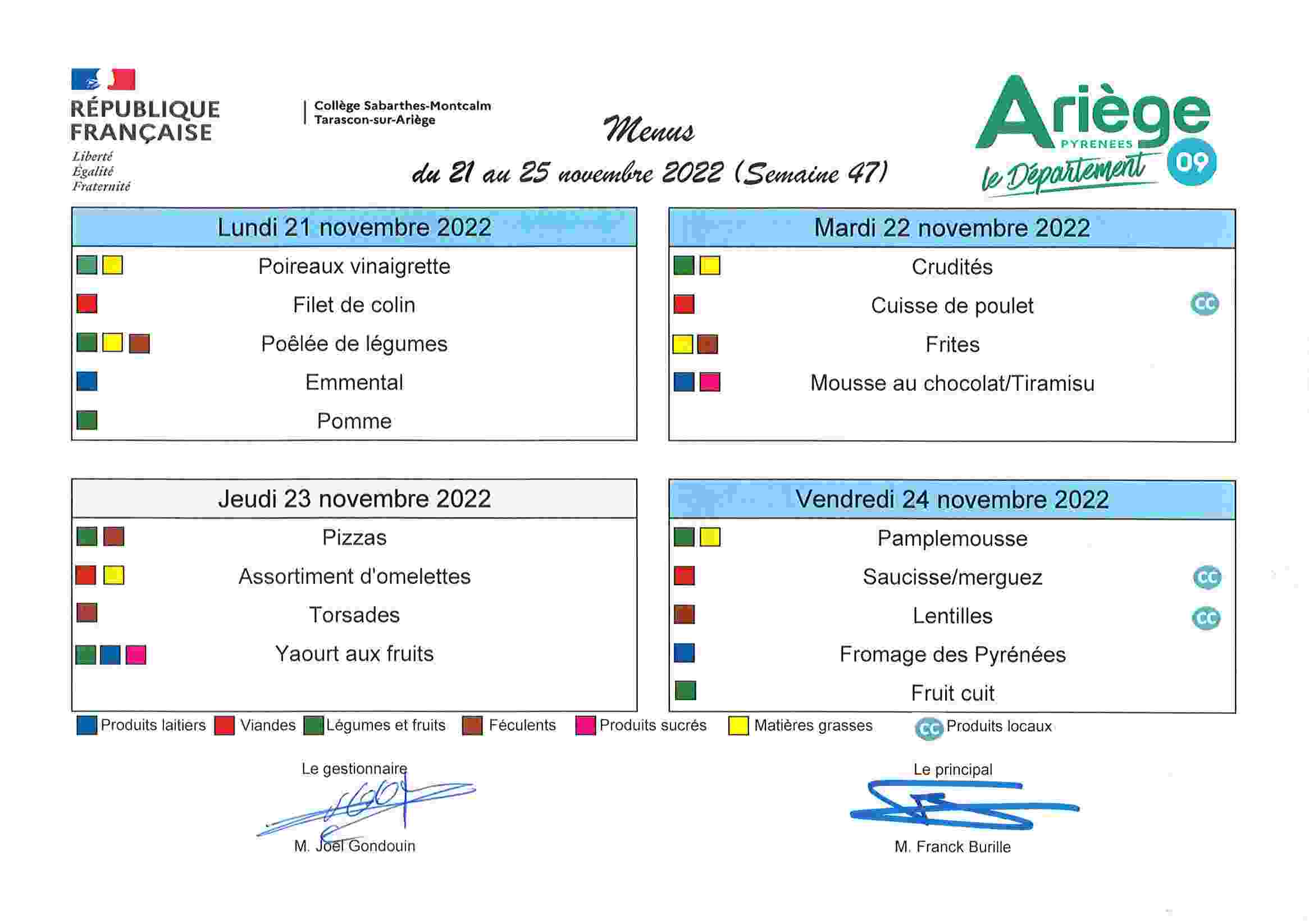 Menus du 21 au 25 novembre 2022 - Le coin de la cantine - Collège Sabarthès-Montcalm
